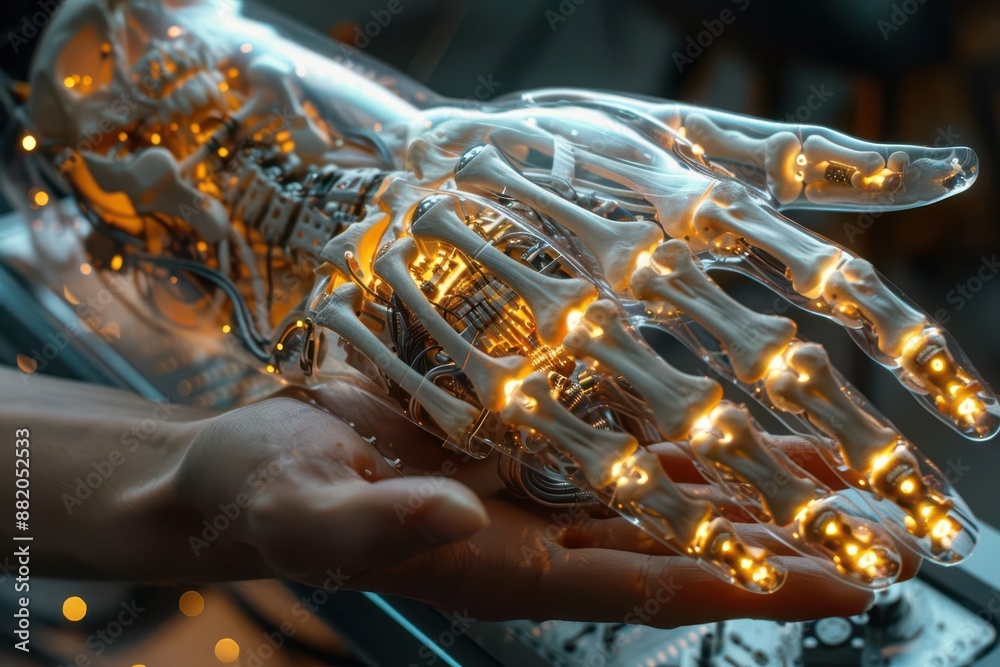 Cybernetic bone anatomy with mechanical components and illuminated bone ...