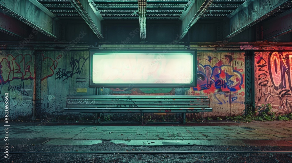 An urban scene featuring an empty bench under a graffiti-covered bridge ...