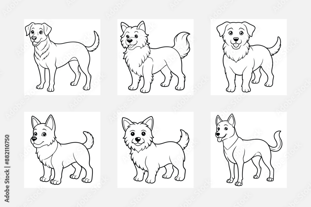 Set of cute dogs in cartoon style Coloring page for kids vector ...