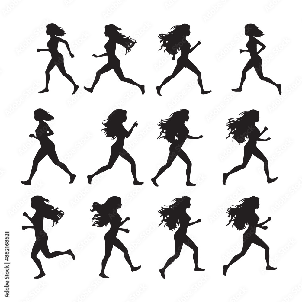 Set of Girl Run Cycle Animation Sprite Sheet jogging silhouette white ...