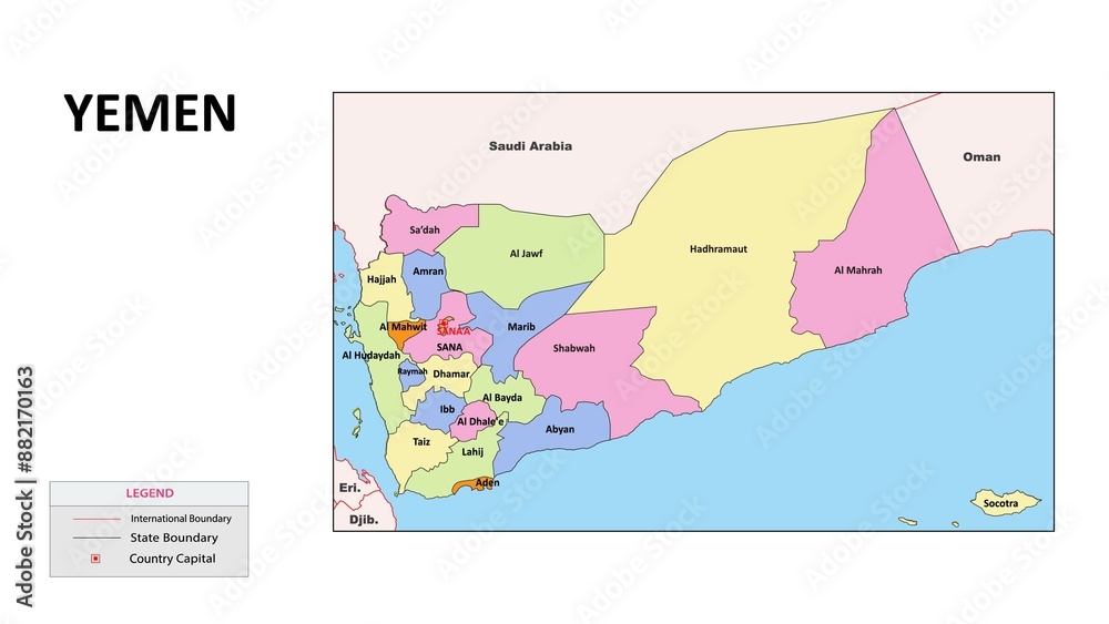 Yemen Map. State and union territories of Yemen with neighbouring ...