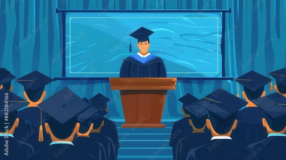 man in a graduation cap and gown standing at a podium in front of a ...