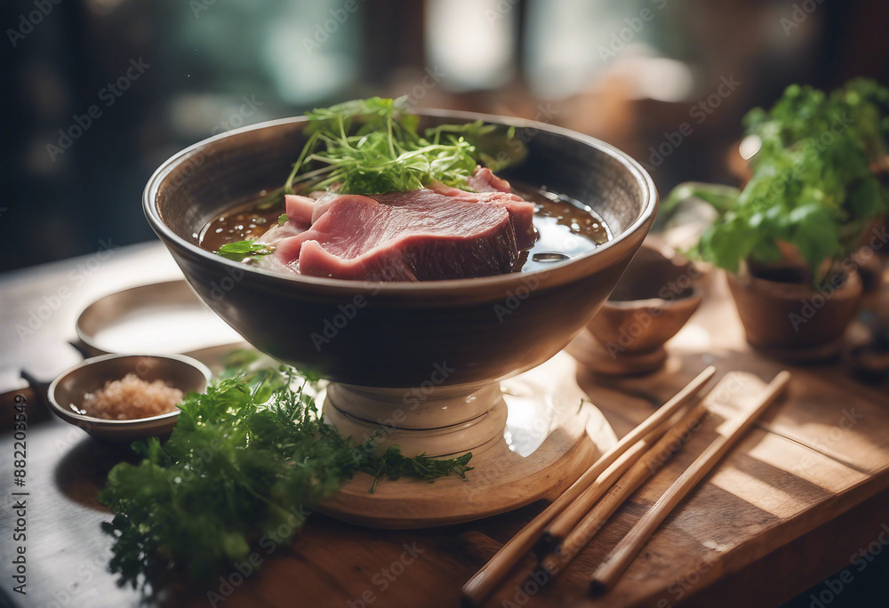 Pho with wagyu beef and bone marrow in a deep bowl with fresh herbs in ...