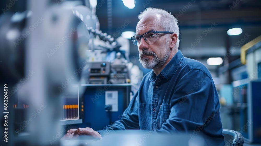 Engineer analyzing data on a computer in a high-tech manufacturing ...