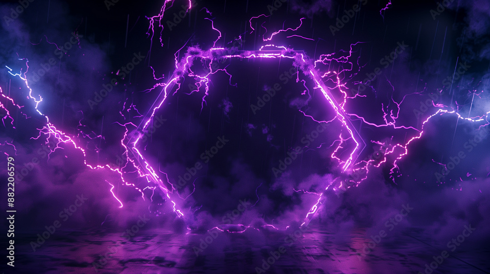 Pentagon-Shaped Neon Frame with Purple Lightning and Smoke Effects ...