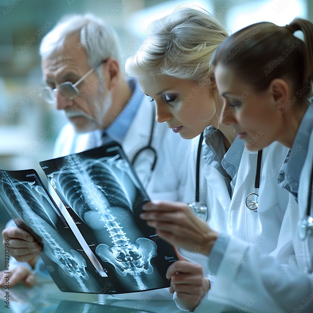English doctors reviewing bone anatomy using xray technology during ...