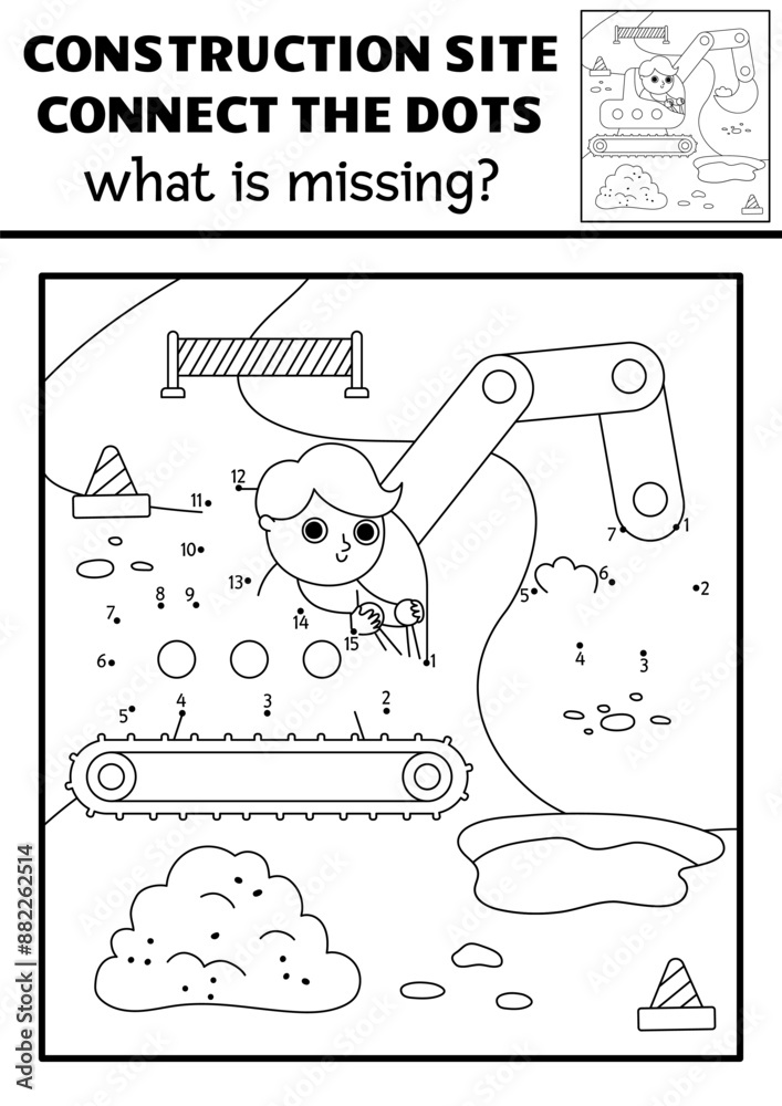 Vector black and white dot-to-dot and color activity with excavator ...