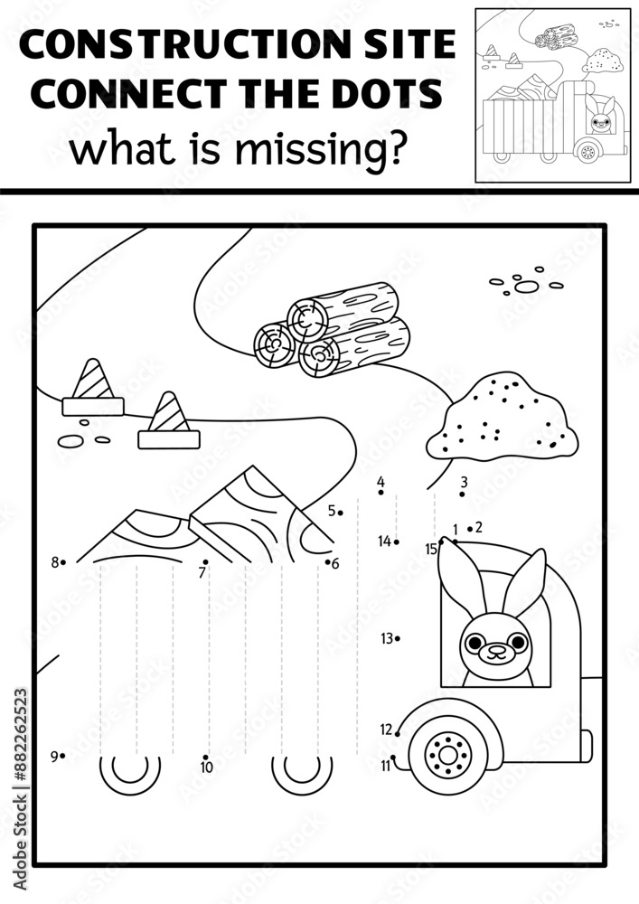 Vector black and white dot-to-dot and color activity with loaded truck ...