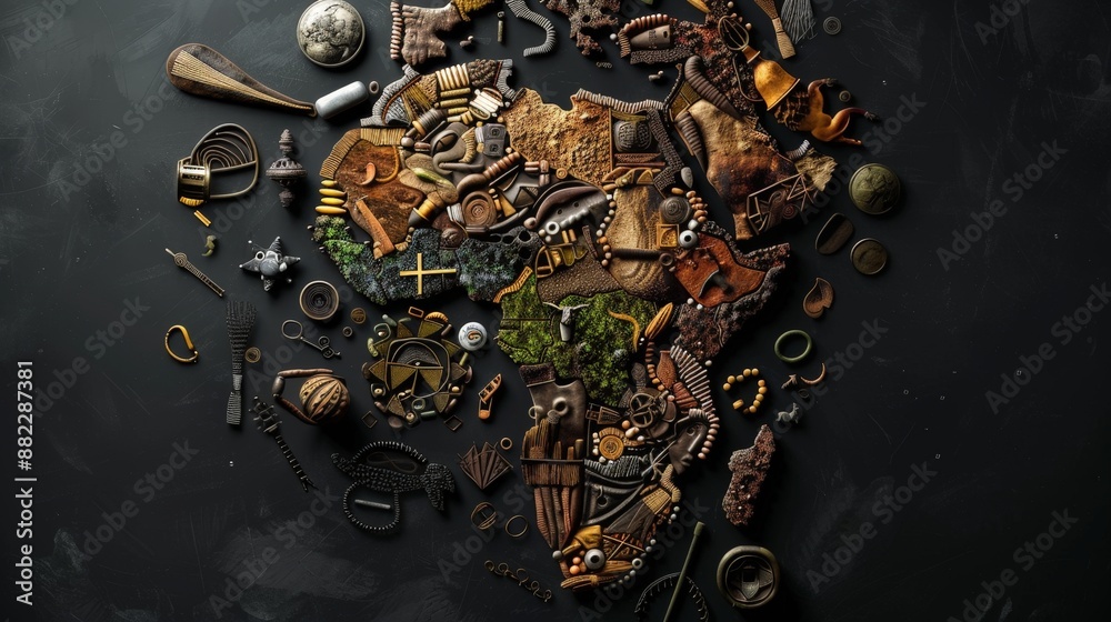 Map of Africa formed by African cultural artifacts, objects and tools ...