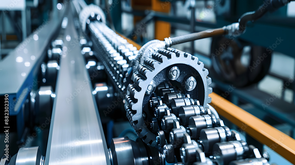 Gear chain drive shaft in conveyor belt is on production line. Timing ...