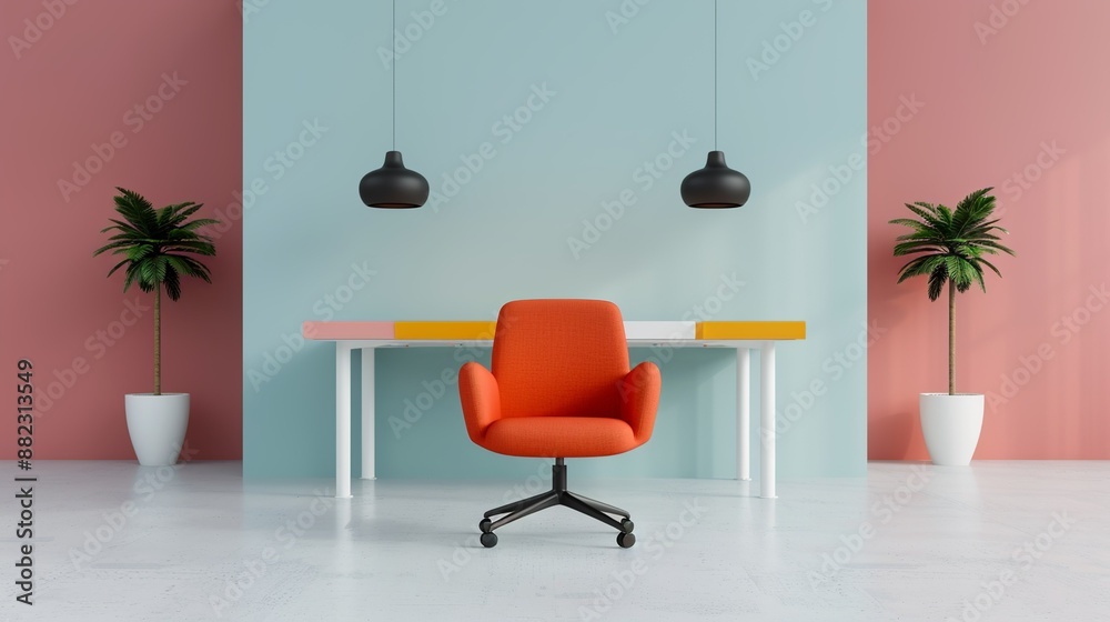 Interior of a sleek, modern office with simple workstations and ...