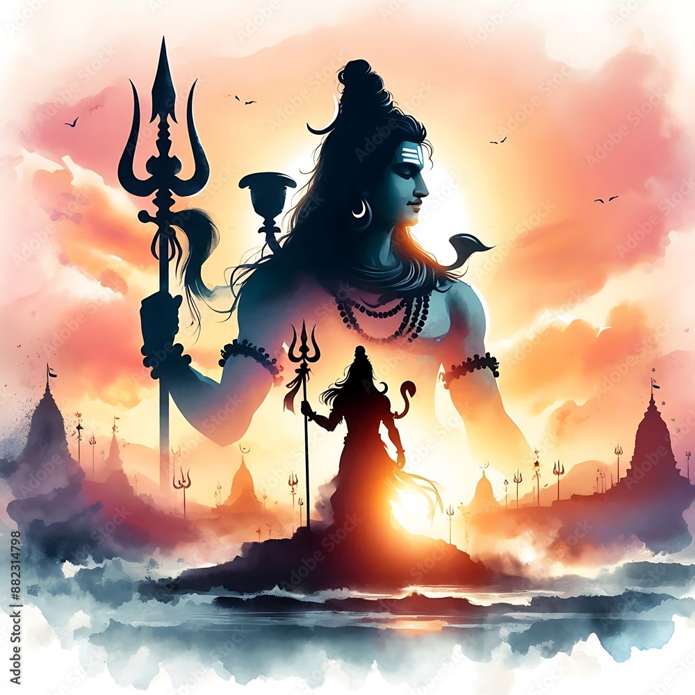 A silhouette of lord shiva standing a with Trident against a sunset ...
