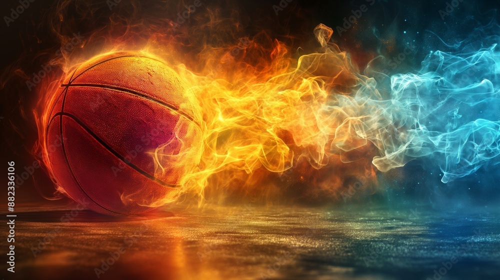 basketball on floor with fire trail in colorful energy emerge , sport ...
