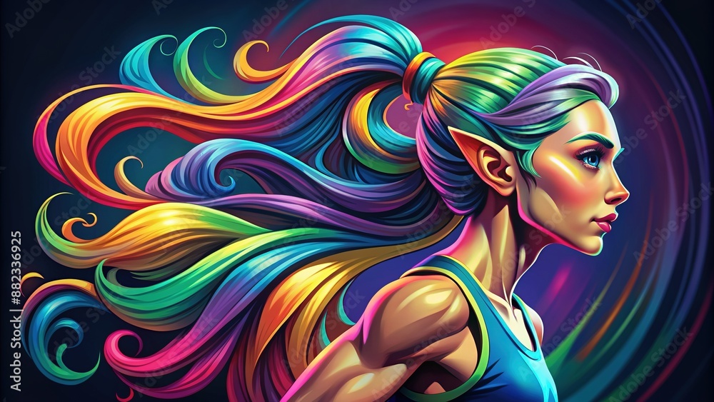 Whimsical illustration of athletic ponytailed elf silhouette in bold ...