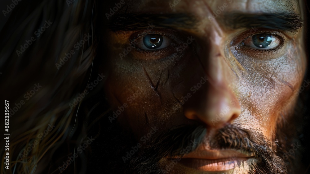 Jesus, depicted as a redeemer at 33, in a high-definition close-up. His ...
