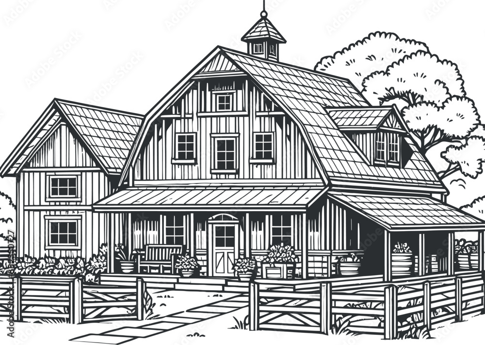 farmhouse line art vector silhouette for coloring book on a white ...