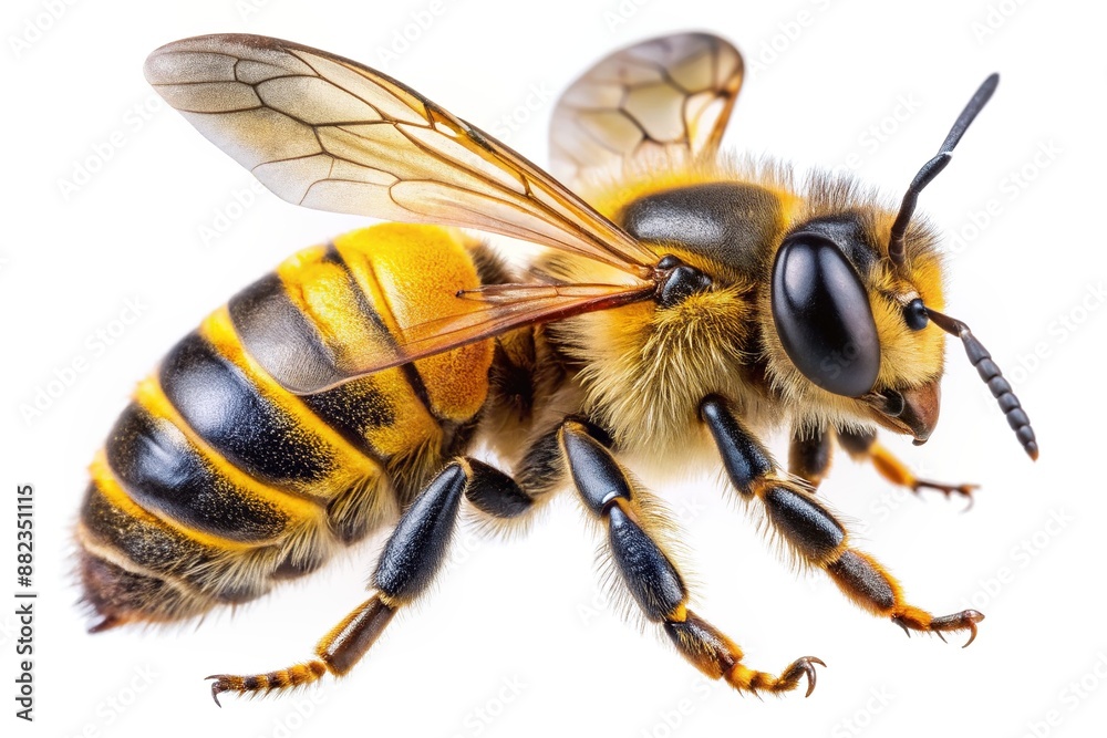 Magnificent honey bee with yellow and black stripes walks alone, its ...