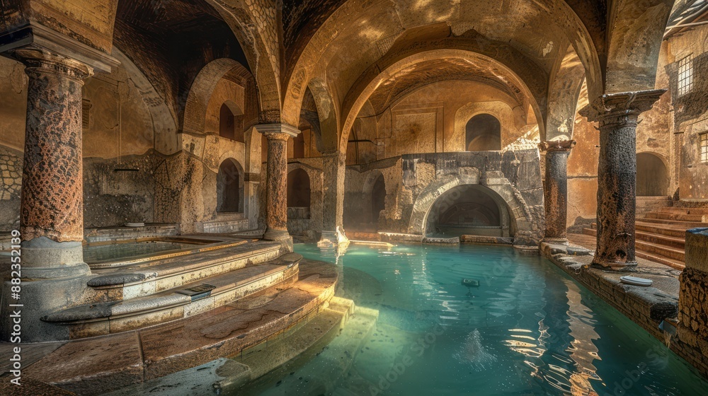 Ancient Roman Bathhouse with Pool - Historic Roman bathhouse featuring ...