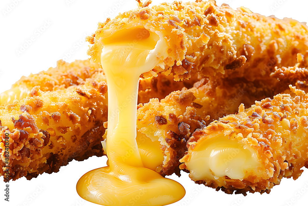 Many Crispy breaded fried cheese sticks, liquid hot cheese dripping out ...