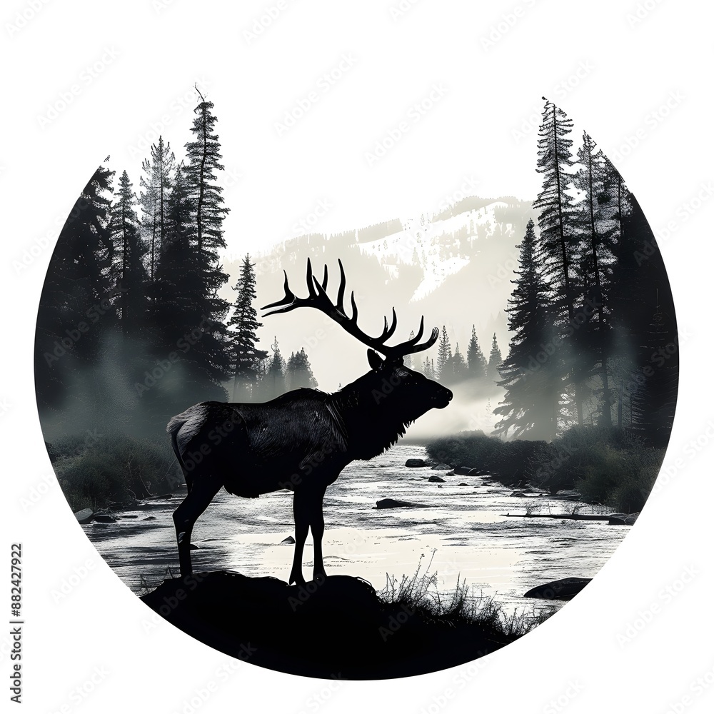 Vector Illustration of Full Body Elk with Forest Moon Background Nature ...