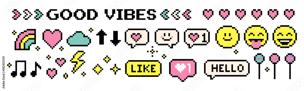 เวกเตอร์ Stock Retro style elements set in pixel art. Rainbow, smile ...
