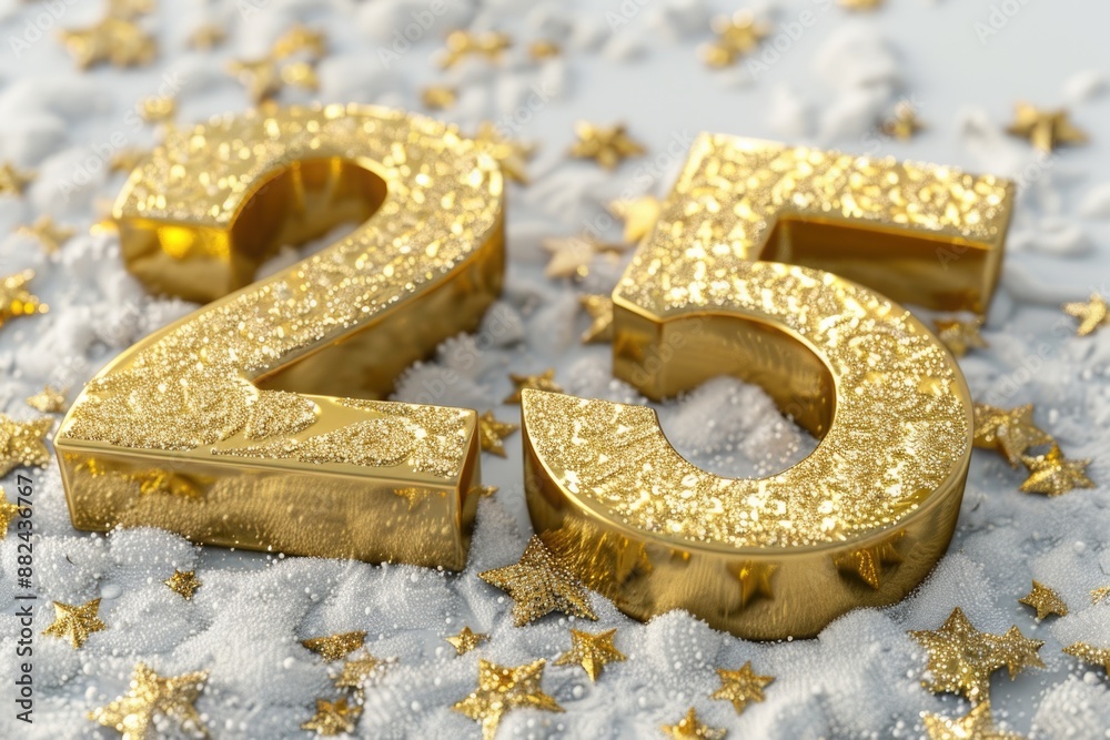 Golden numbers 25 rest on a bed of white glitter and golden stars ...