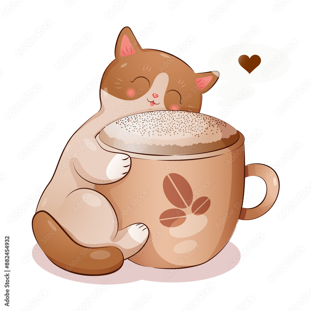 Cute cartoon kawaii cat character hugging a mug of coffee art design on ...