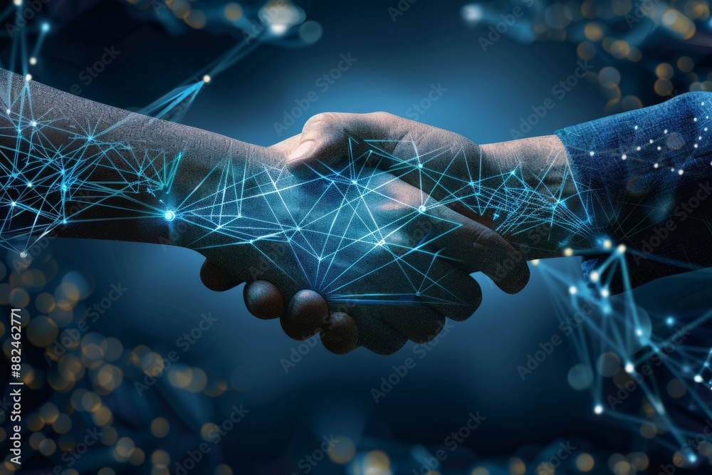 Professional handshakes with digital network coverage represent ...