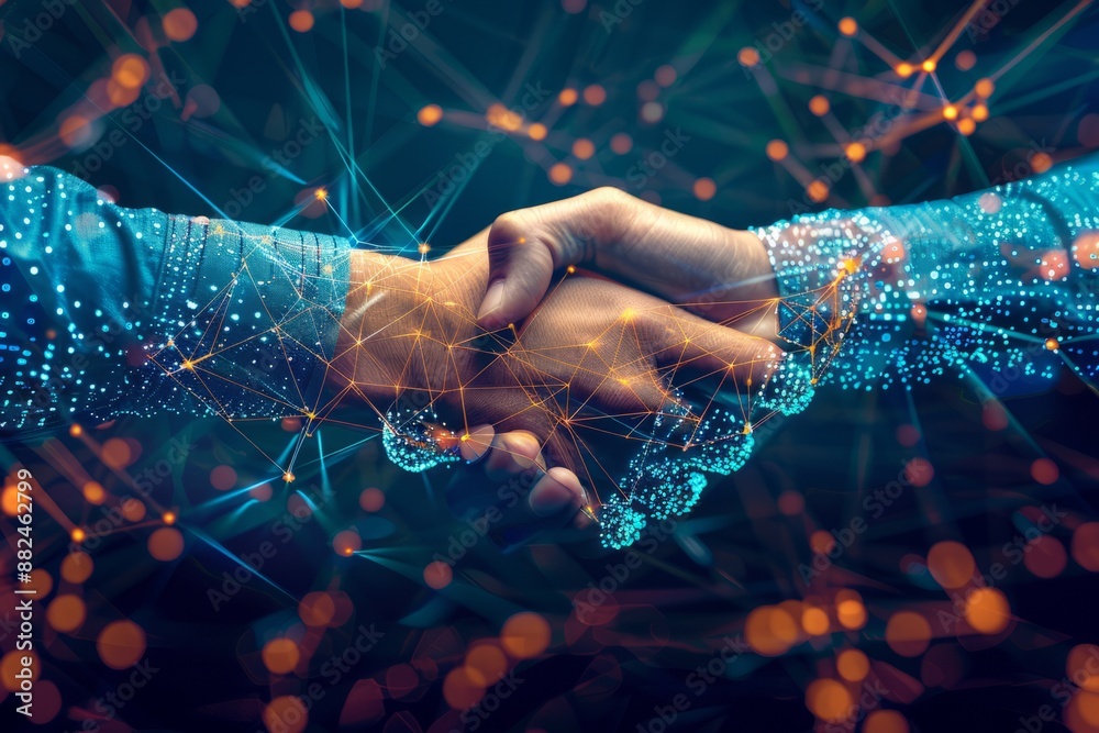Professional handshakes with digital network coverage represent ...
