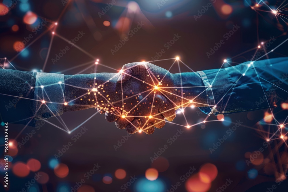 Professional handshakes with digital network coverage represent ...