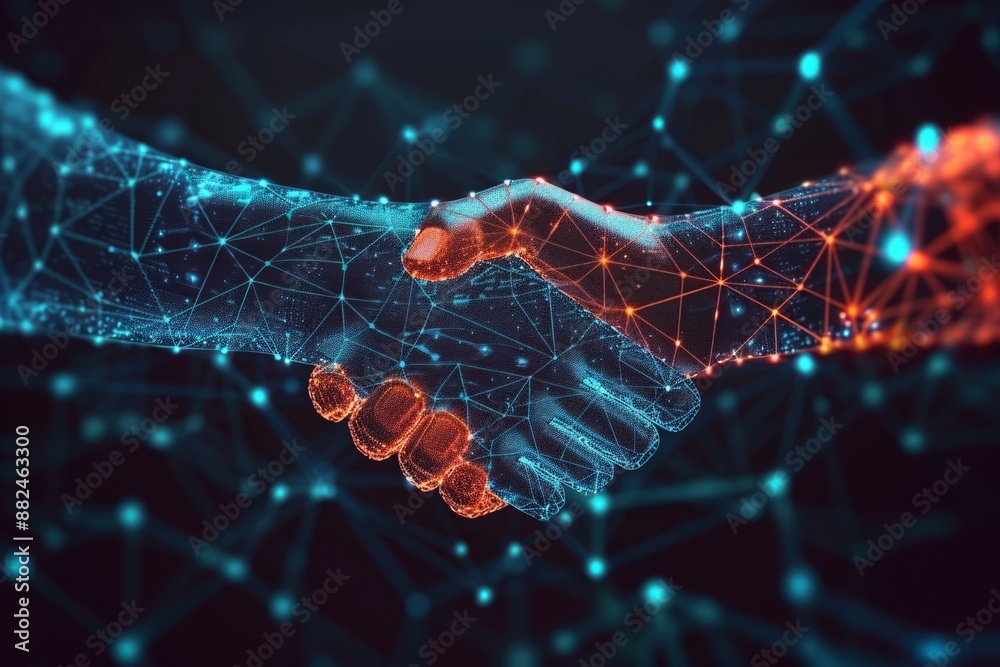 Professional handshakes with digital network coverage represent ...