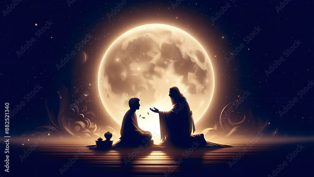 a silhouette of Guru Purnima blessing a disciple in front of the moon ...