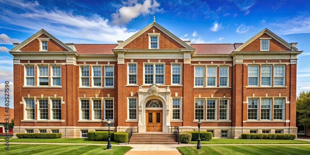 Typical American school building exterior with brick facade and ...