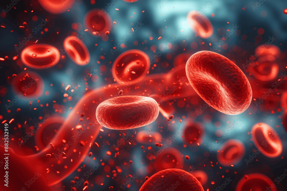 Red blood cells flowing in veins close-up medical background microscopy ...