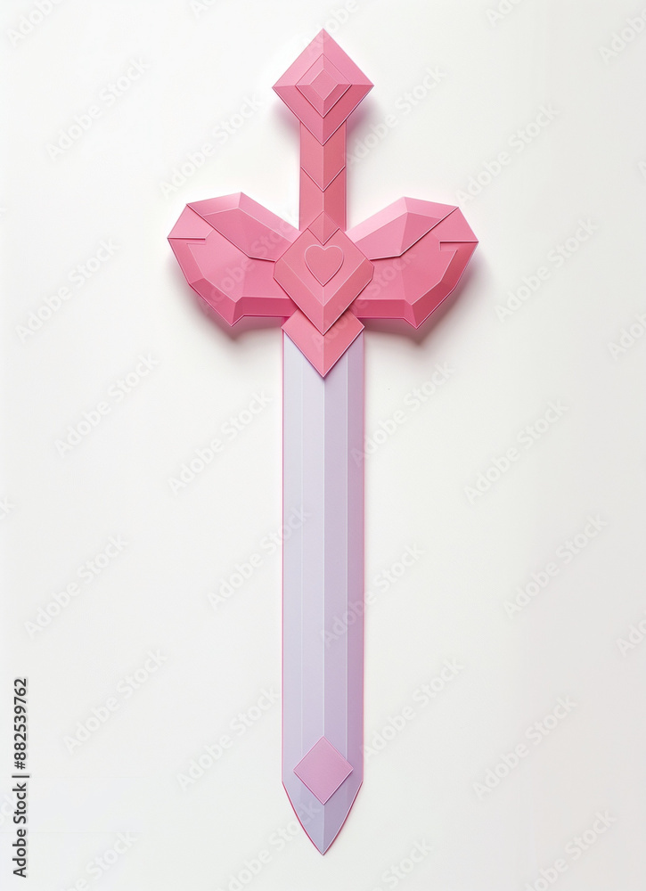 Cute pink paper cutout of an isometric sword with a simple flat shape ...