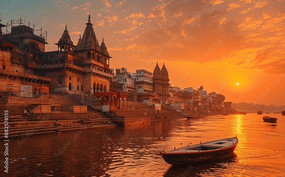 Varanasi Ghat and Boat on Ganges River at Sunset Fractal Art Ancient ...