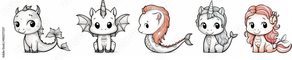 Cute Magical Fantasy Characters Coloring Page - Unicorn Dragon Mermaid ...