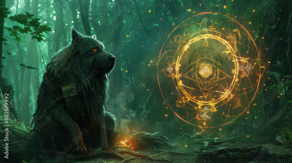 A wise, old dog druid summoning the elements, with a circle of glowing ...