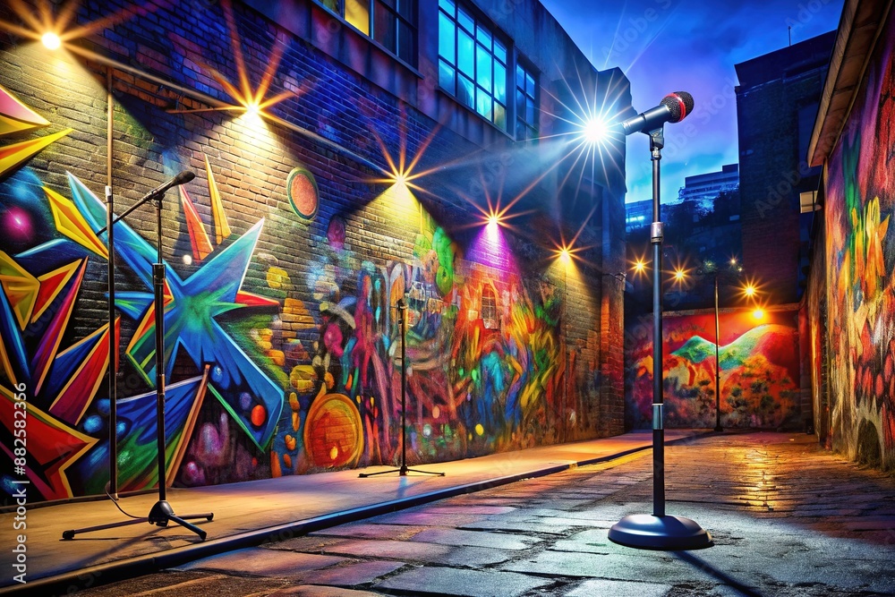Urban city street at night with graffiti-covered walls, spotlights, and ...