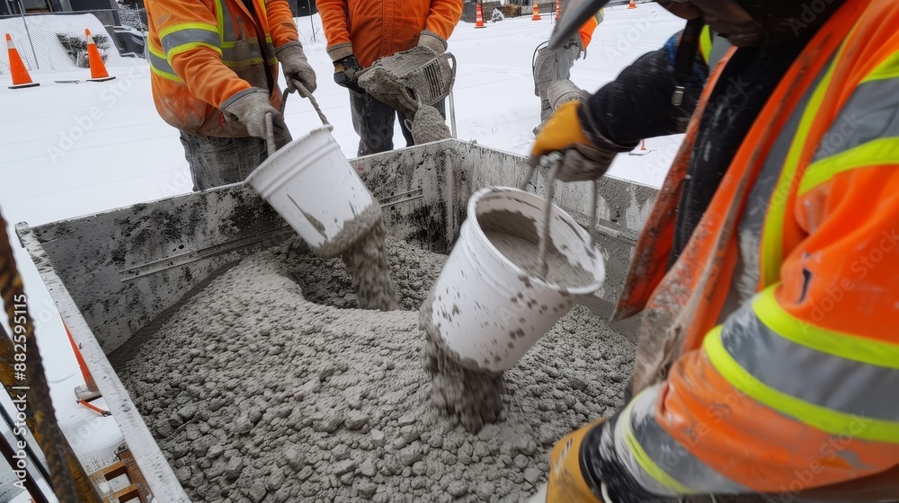 Construction workers operating a concrete mixer, creating a high ...