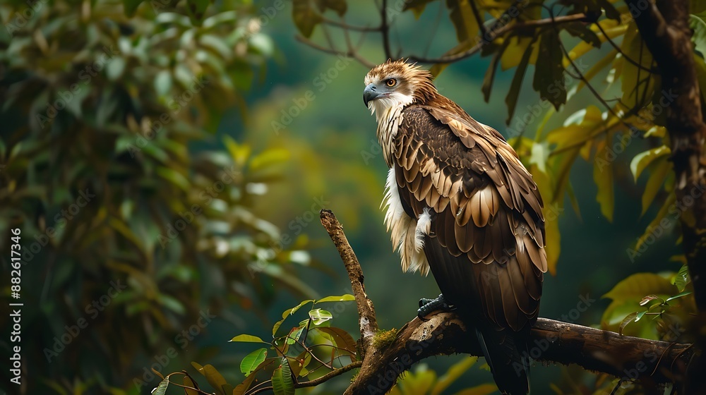 Philippine eagle perched on a tree branch, detailed feathers and ...