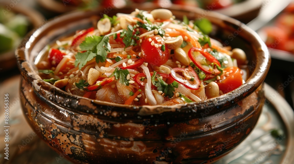 Close-up of Som Tum with salted crab, featuring shredded green papaya ...