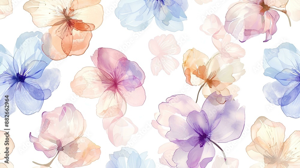 Watercolor and pastel spring flower pattern on a white background ...