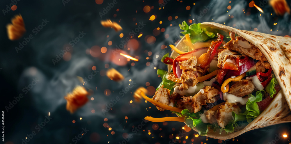 food photography of chicken shawarma with vegetables and cheese in ...