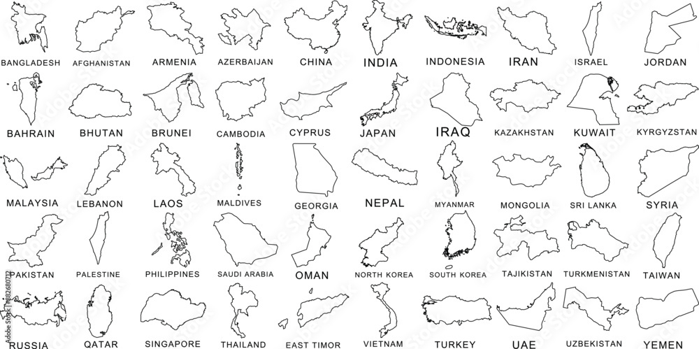 Asia countries map outline vector illustration, Bangladesh, Afghanistan ...