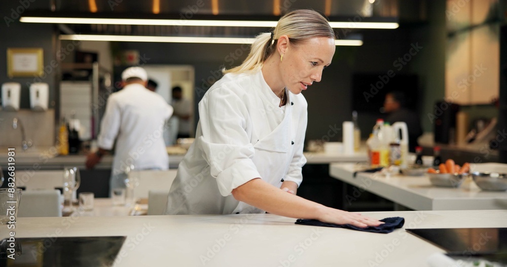 Woman, cleaning and chef wipe counter for dinner rush prep, hygiene and ...