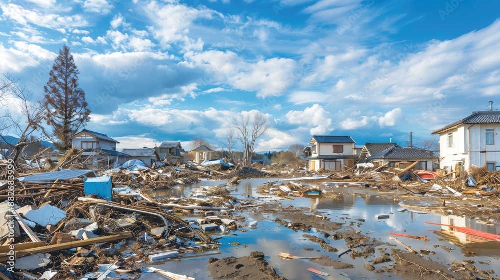 Natural disaster aftermath with collapsed buildings and debris ...