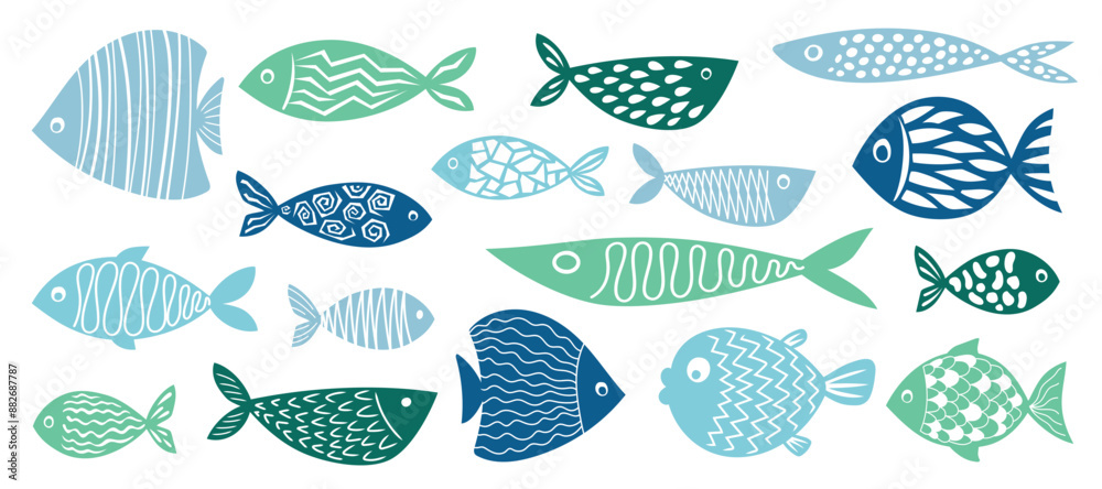 Collection of cute and fun fish. Vector for printing patterns ...