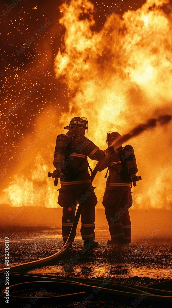 Two firefighters, clad in full firefighting gear including helmets ...
