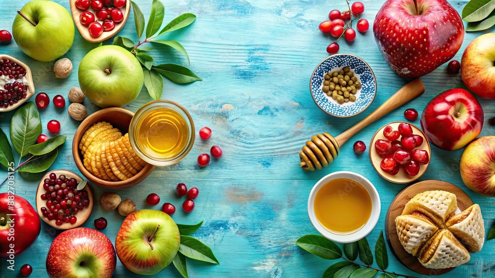 Colorful of various Rosh Hashanah celebration foods, Rosh Hashanah ...